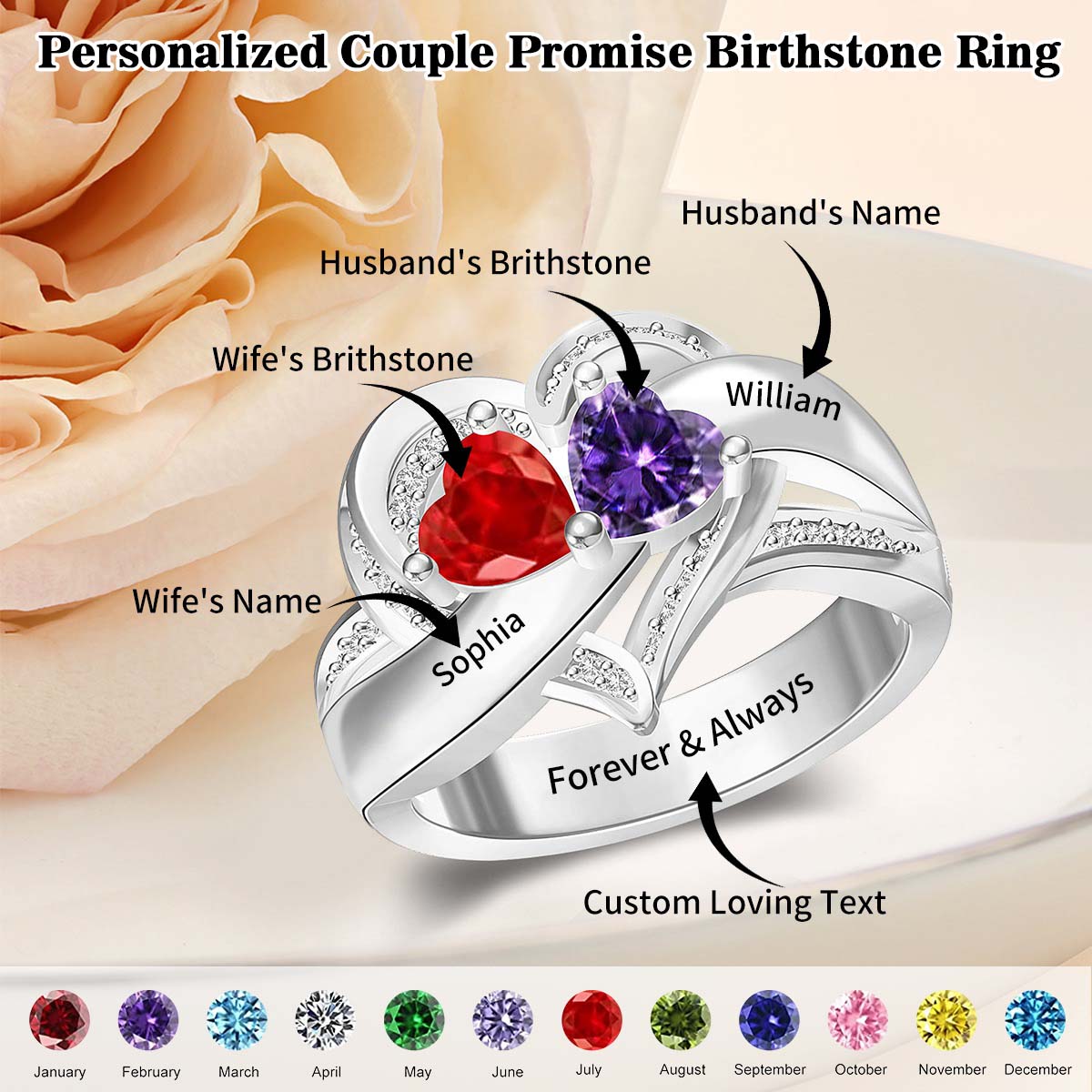 Personalized Couple Promise Heart Birthstones Ring - qianwill
