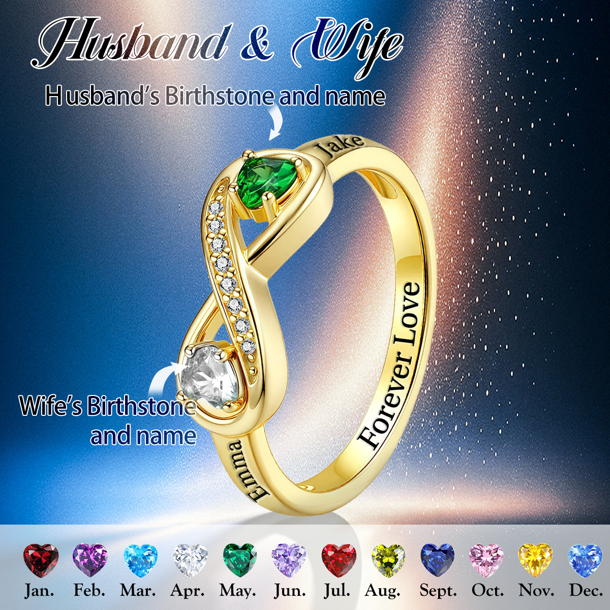 Infinity Double Heart Birthstones Ring with Engraved Names - Personali ...